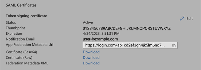 Click to copy the App Federation Metadata Url to your clipboard