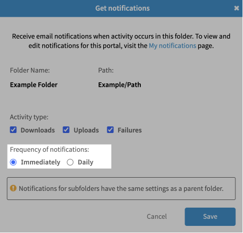 Notification frequency can be set to immediately or daily