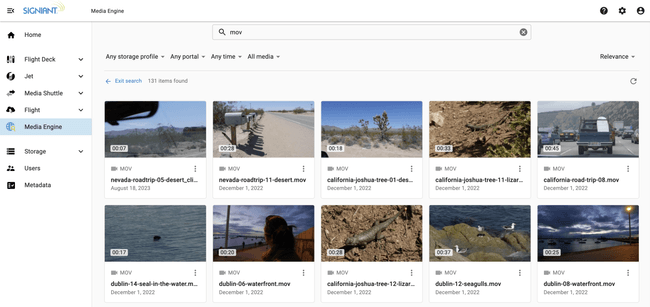 Full Media Engine search page with MOV as the selected search term