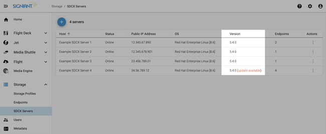 On the SDCX Servers page in the Signiant Console, check the Version ...