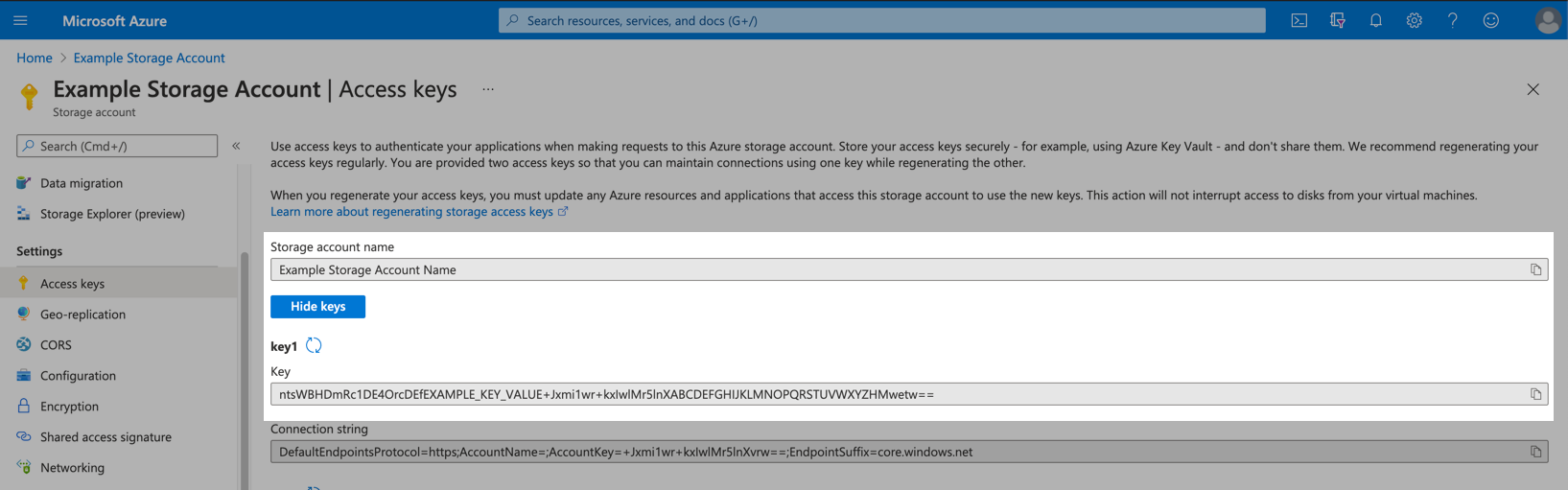 The Microsoft Azure Access keys settings menu provides the account name ...