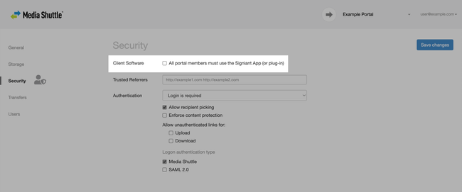 Security page in the IT administration console with a highlight showing ...