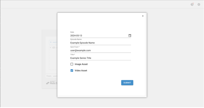 The Media Shuttle interface showing a metadata form associated with a Submit portal. The form ...