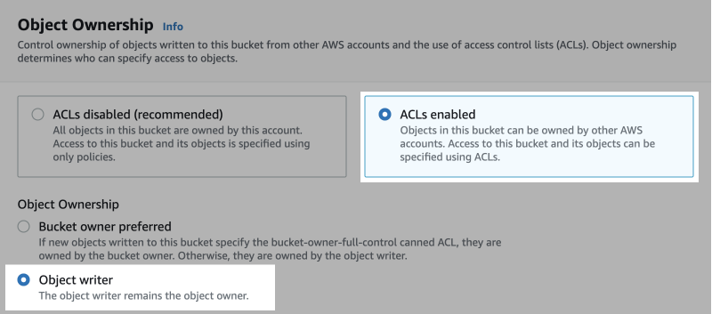 When creating a bucket in the Amazon AWS console, you must enable ACLs and set object ownership ...
