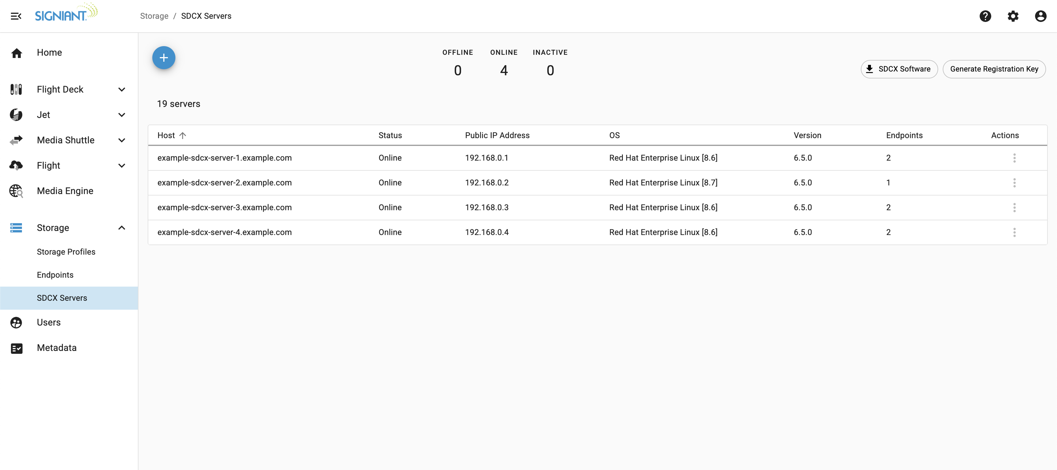The SDCX Server page on the Signiant Console