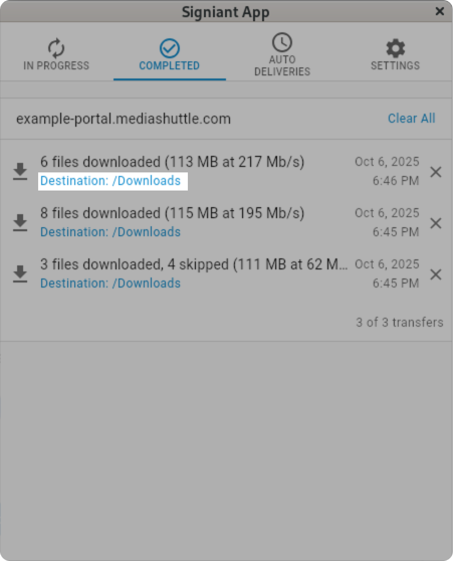 The Signiant App showing completed transfers of several files to the ...