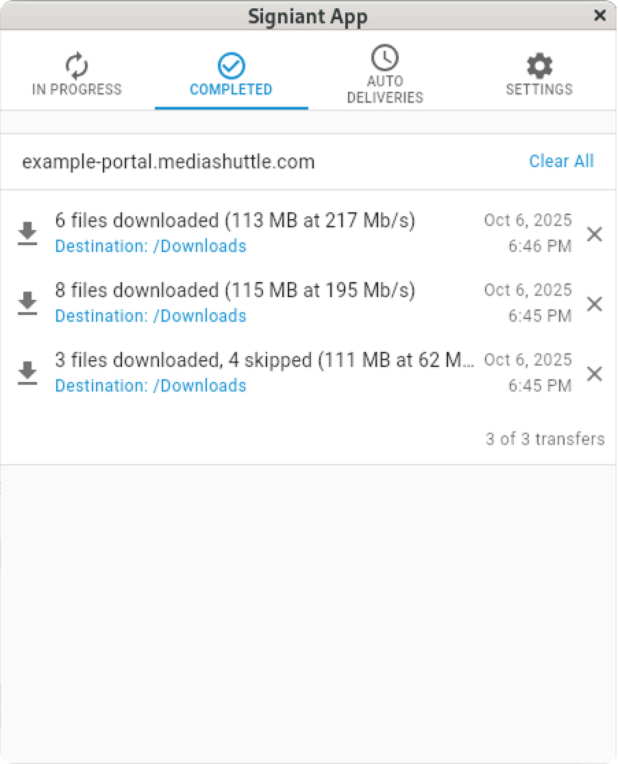 The Signiant App showing completed transfers of several files to the ...