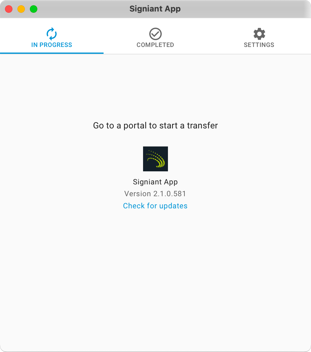 The Signiant App in the idle state, displaying the current version