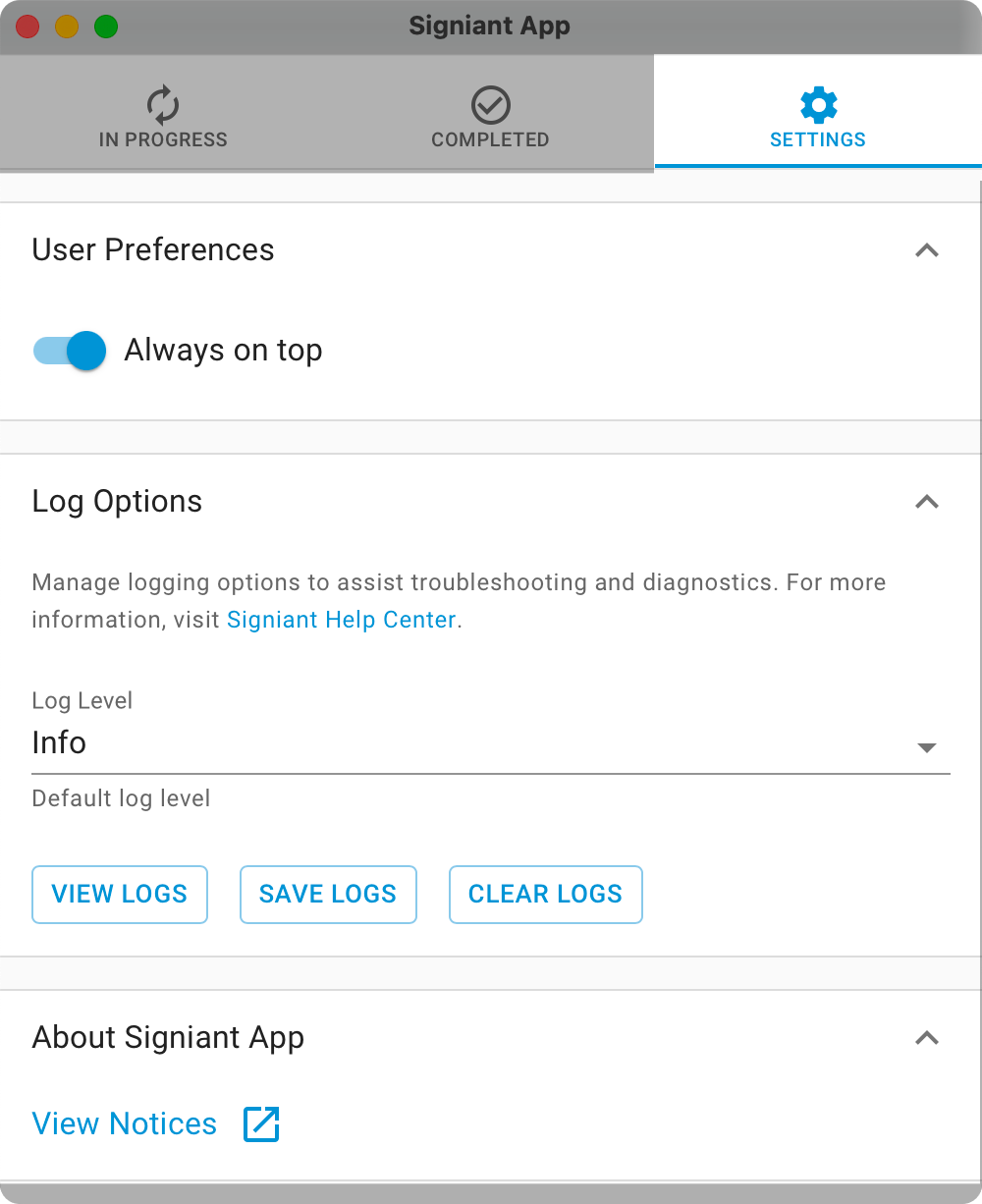 The Signiant App showing the default settings configuration