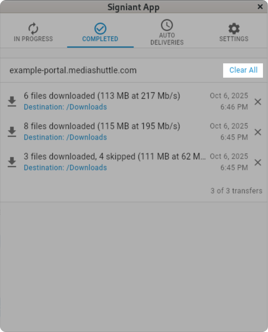 The Signiant App window's top right corner, with the Clear All button highlighted
